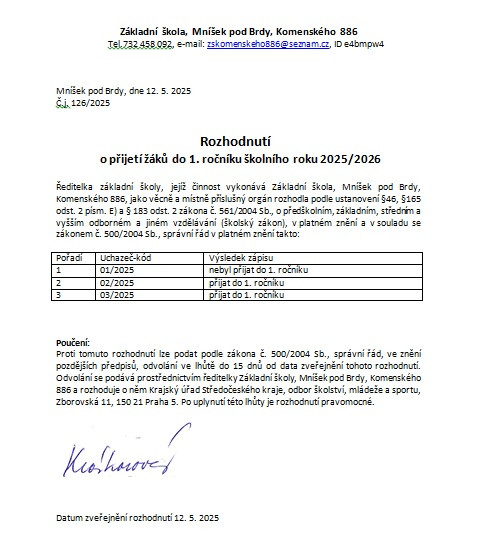 Úřední deska :: 1 Základní škola, Mníšek pod Brdy, Komenského 886